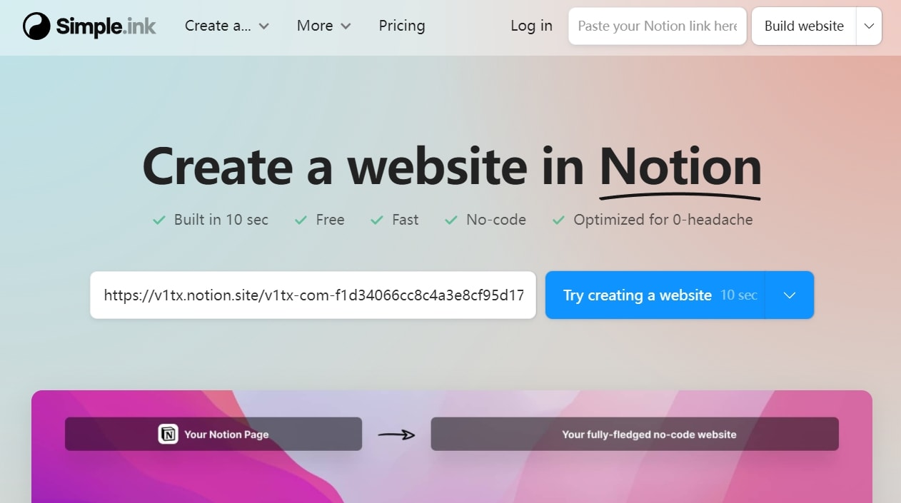 Simple.ink 用10秒钟将你的Notion页面转为网站 - v1tx