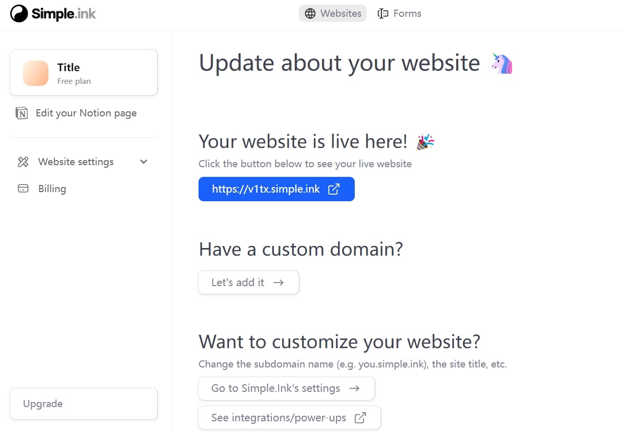 Simple.ink 用10秒钟将你的Notion页面转为网站 - v1tx